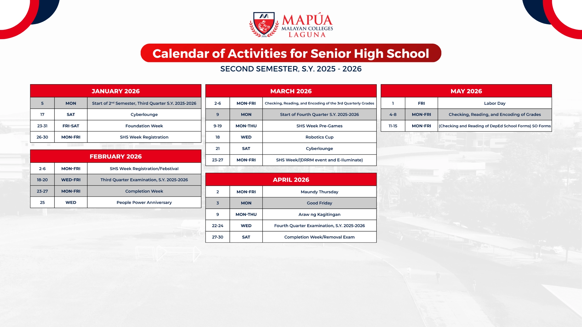 Calendar of Activities for Senior High School for the Second Term of A ...